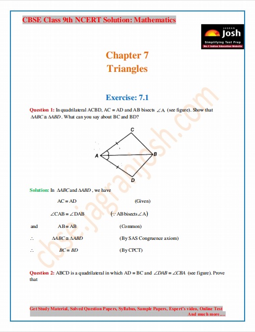 NCERT Solutions for Class 9 Maths Exercise 7.1 Chapter 7 Triangles