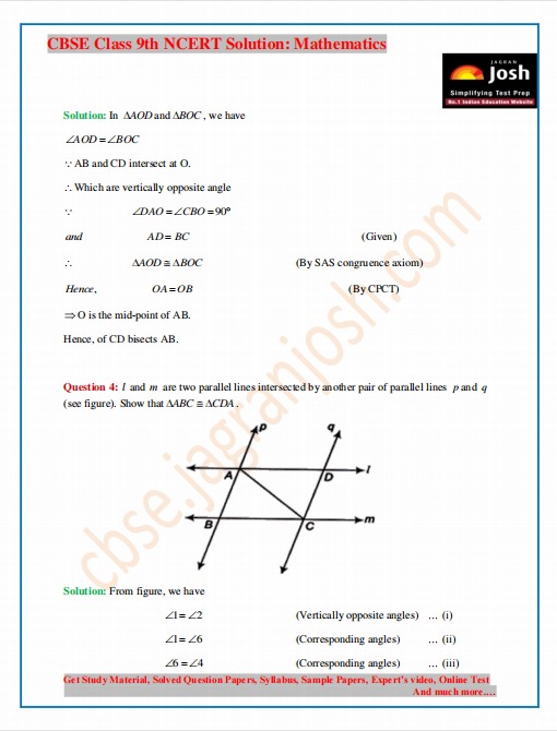 NCERT Solutions for Class 9 Maths Exercise 7.1 Chapter 7 Triangles