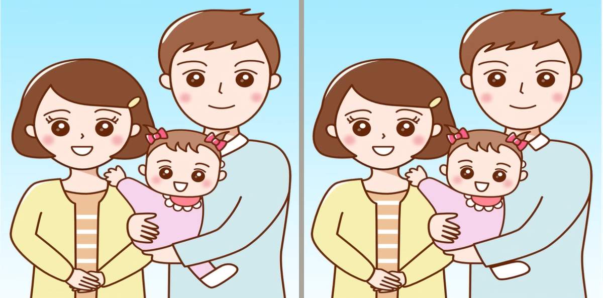 Spot 3 differences between the two family portraits in 15 seconds.