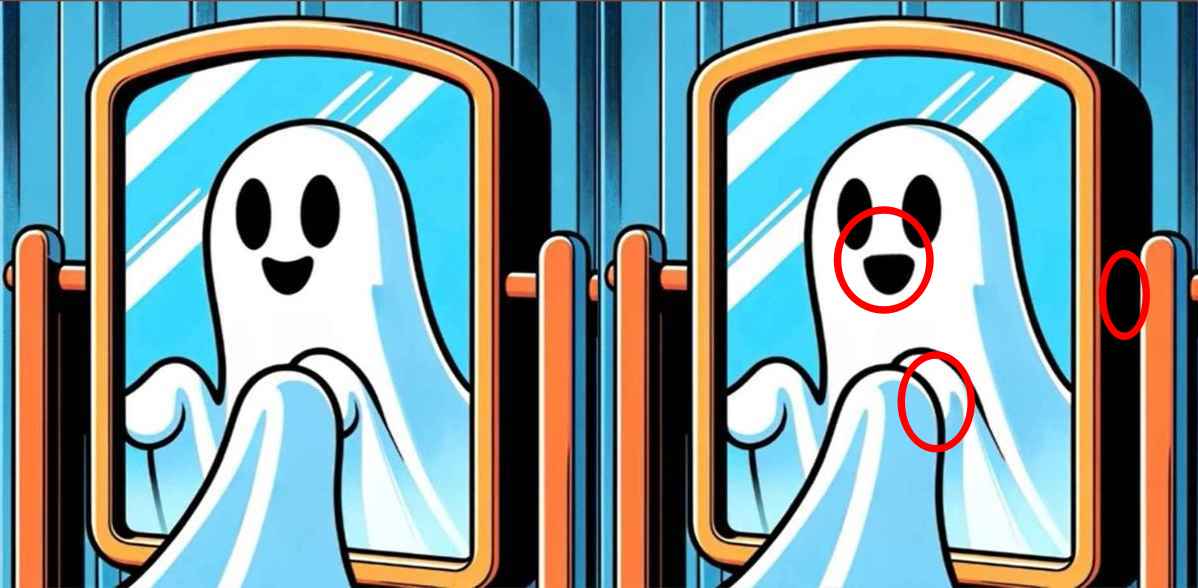 Spot 3 differences between ghost in the mirror pictures in 16 seconds!