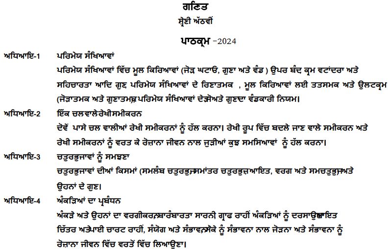 PSEB Class 8 Maths Syllabus 2024-2025 PDF PSEB Class 8 Maths Syllabus 2024-2025 PDF