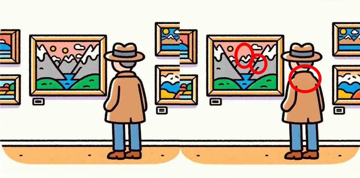 Find 3 differences between the man in the art gallery pictures in 15 ...
