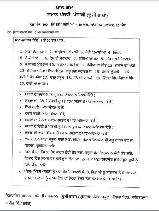 PSEB Class 5 Punjabi Second Language Syllabus 2024-2025: Download Class ...