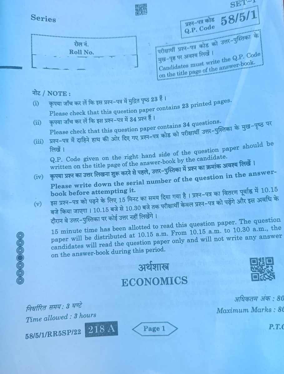CBSE Class 12 Economics Question Paper 2024, SET 1, 2, 3 and 4 Download PDF