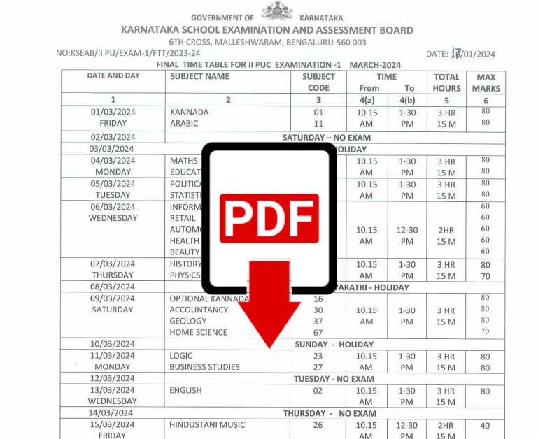 Karnataka 2nd PUC Exam Date Sheet 2024 Revised Download Karnataka PUC