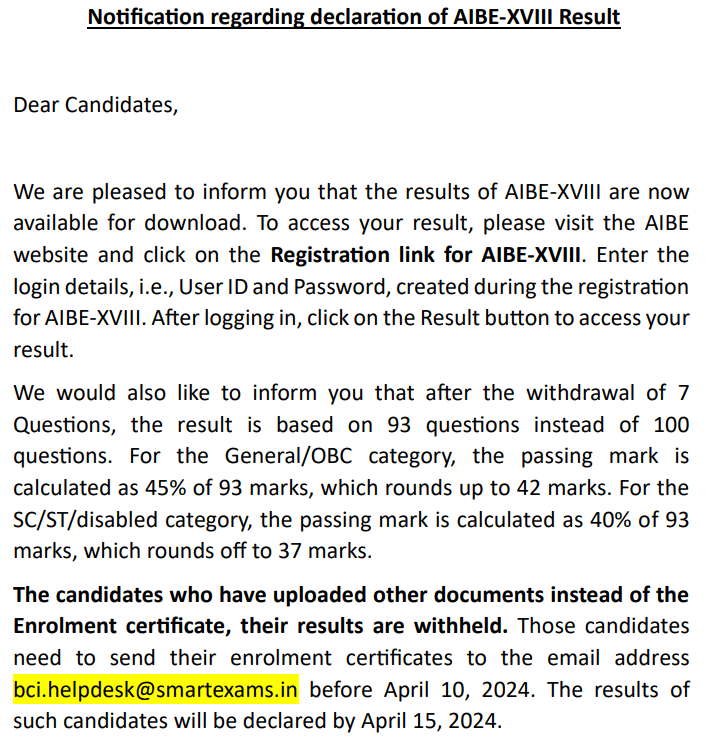 AIBE 18 Result 2024: Link, Passing Marks, Cut Off, Withheld Result