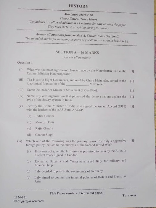 ISC Class 12 History Question Paper 2024 PDF with Answer Key