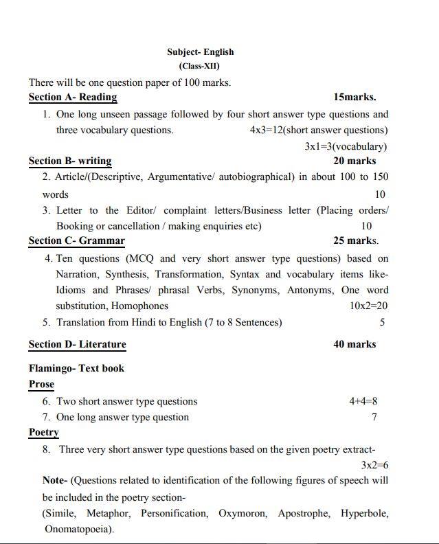CBSE Class 12 English Syllabus 2024 - 2025: Download Class 12th English ...