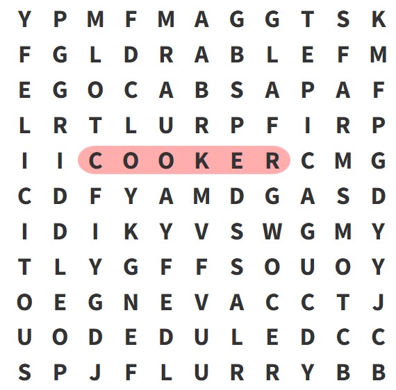 Word Search Puzzle - Find the word 'COOKER' in 6 seconds!