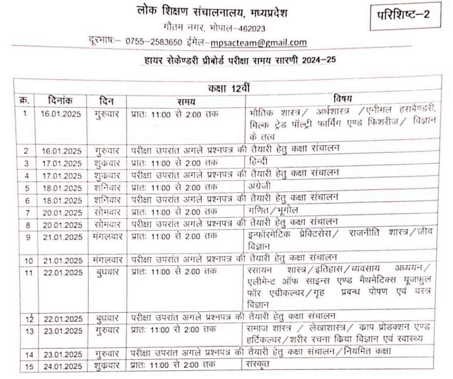 MP Board Date Sheet 2025 Class 10th 12th Pre Board Time Table OUT