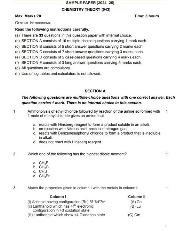 CBSE Class 12 Chemistry Sample Paper 2024-25: Download Free PDF