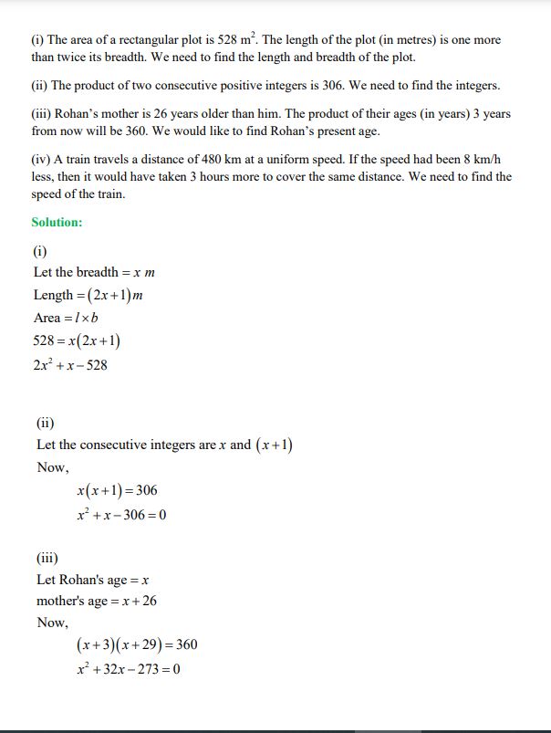 NCERT Solutions for Class 10 Maths Chapter 4 Quadratic Equations ...
