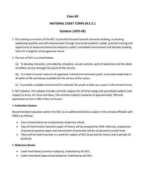 Punjab Board PSEB 12th NCC Syllabus 2025-26; Download FREE PDF