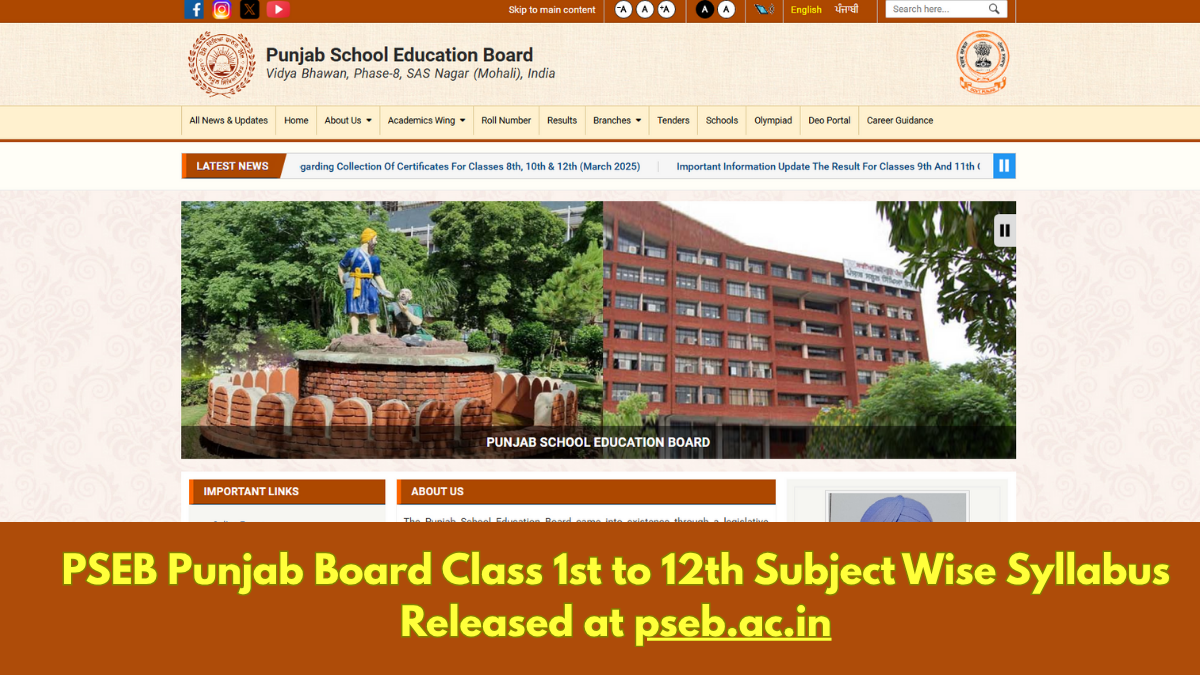 PSEB Punjab Board Class 1st to 12th Subject Wise Syllabus Released at ...