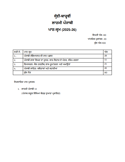 Punjab Board PSEB 12th Punjabi Compulsory Syllabus 2025-26; Download FREE PDF