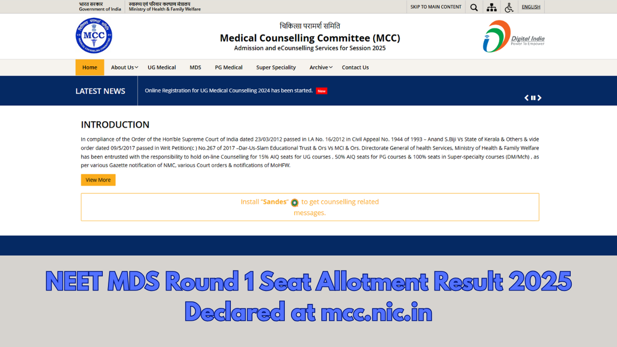 NEET MDS Round 1 Seat Allotment Result 2025 Declared at mcc.nic.in ...