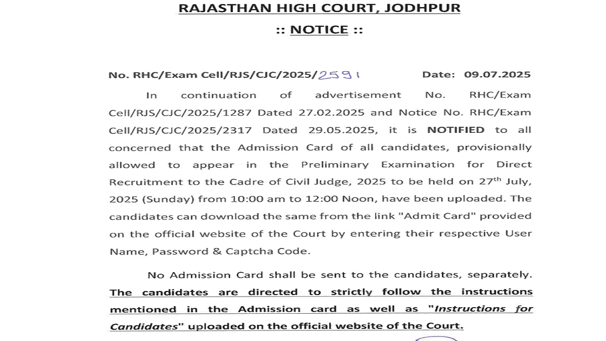 Rajasthan High Court Admit Card 2025 Released at hcraj.nic.in, Download Prelims Exam Admit Card ...