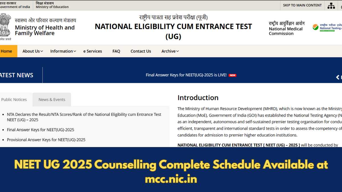 NEET UG 2025 Counselling Complete Schedule Available at mcc.nic.in ...