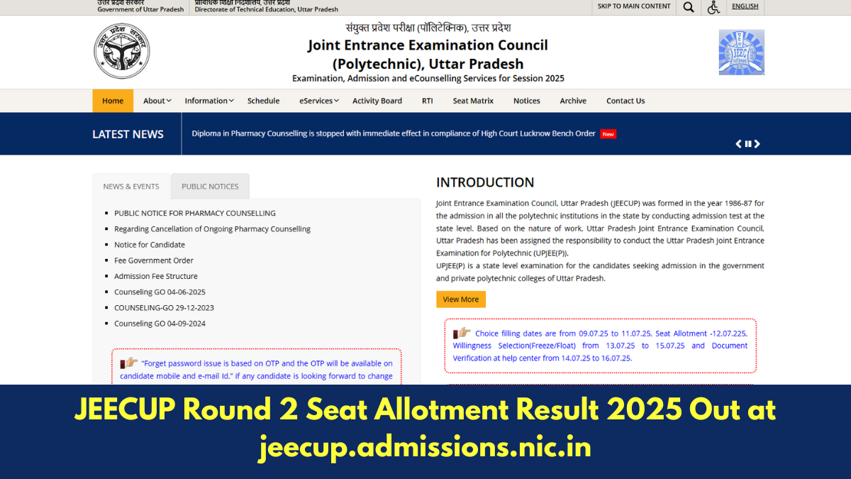 JEECUP Round 2 Seat Allotment Result 2025 Declared at jeecup.admissions ...