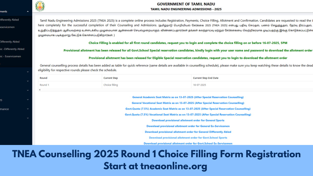 TNEA Counselling 2025 Round 1 Choice Filling Form Registration Start at ...