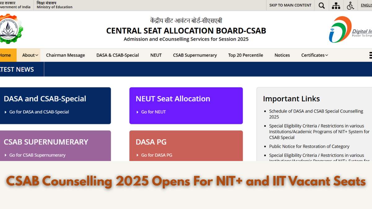 CSAB Counselling 2025 Opens For NIT and IIT Vacant Seats, Apply Till ...