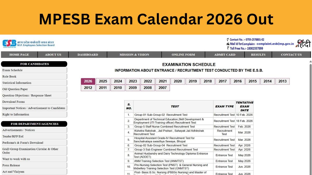 MPESB Calendar 2026 Released at esb.mp.gov.in, Check Exam Schedule & Official Notice Here