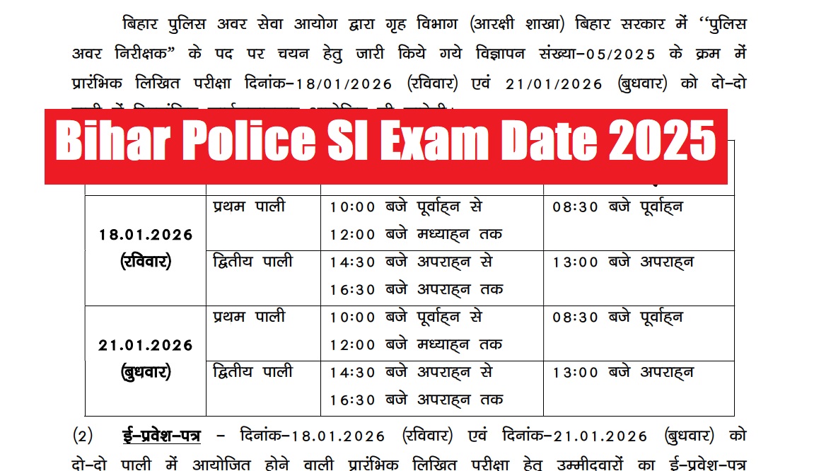 Bihar Police SI Exam Date 2025 Announced: Prelims Written Examination ...
