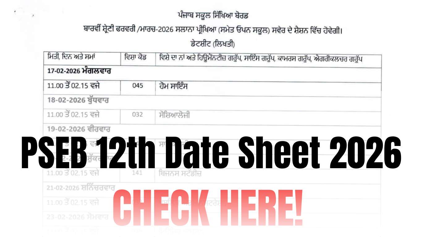 PSEB 10th Date Sheet 2026: Download Punjab Boarda Class 10 Time Table PDF