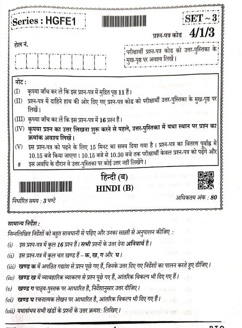 CBSE Class 10 Hindi-B Question Paper 2025 Available, Download All SETs PDF