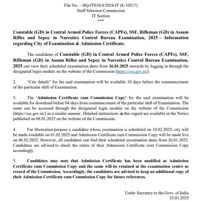 SSC GD Exam Date 2025: Check GD Constable Schedule Notice at ssc.gov.in
