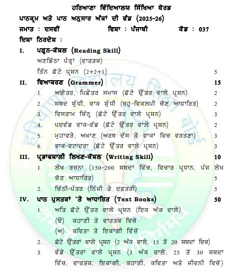 Haryana Board HBSE Class 10th Punjabi Syllabus 2025-2026, Download PDFs ...