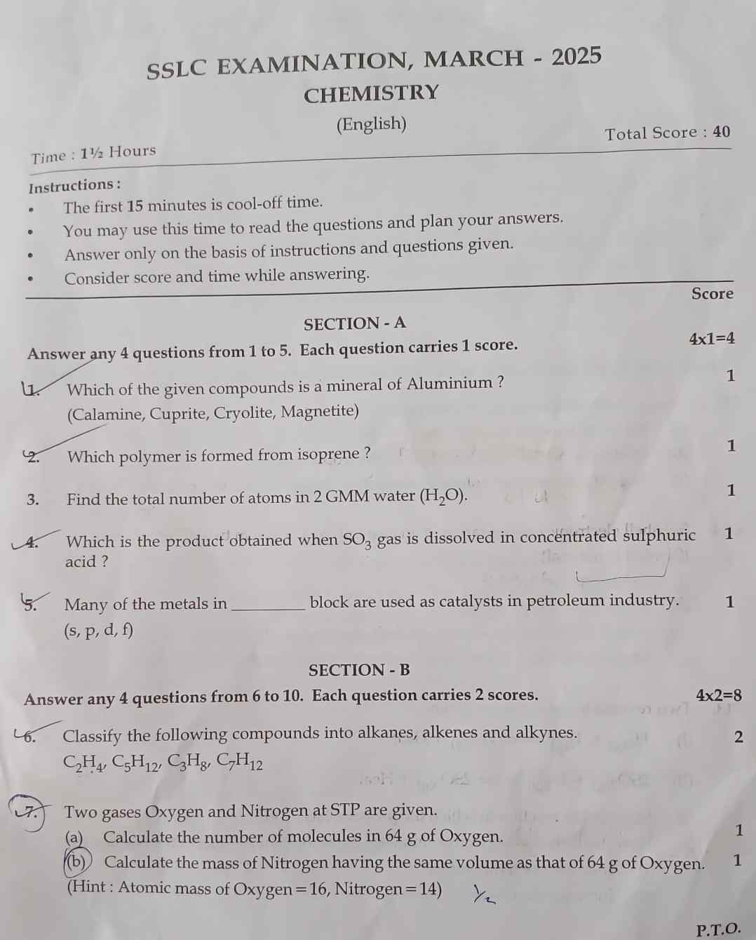Kerala SSLC Chemistry Question Paper 2025 and Answer Key, Download PDF