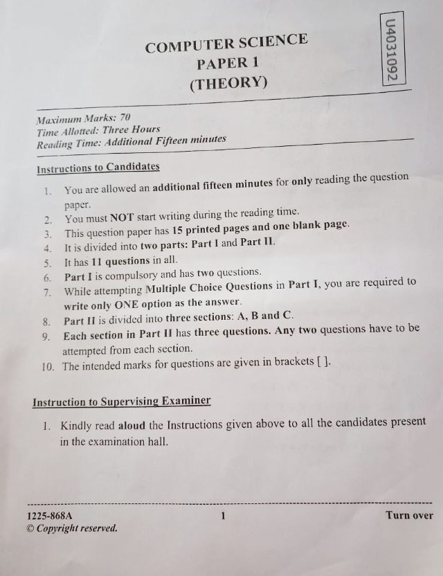ISC Class 12 Computer Science Question Paper 2025 with Answer Key: Download Free PDF