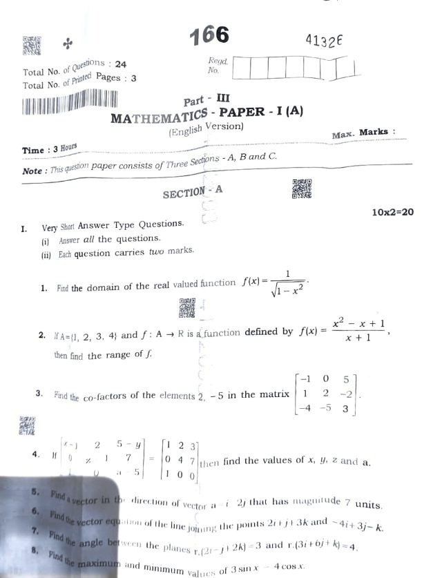 AP Inter 1st Year Maths 1A Question Paper 2025 with Answer Key ...