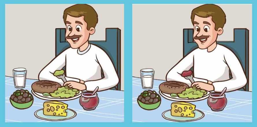 Can you spot 3 differences in the man eating meal pictures in 25 seconds?