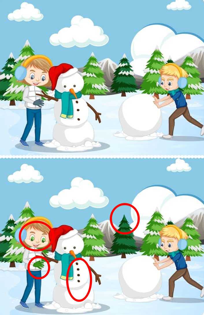 Spot 4 differences in the kids playing with snowman pictures in 23 seconds!