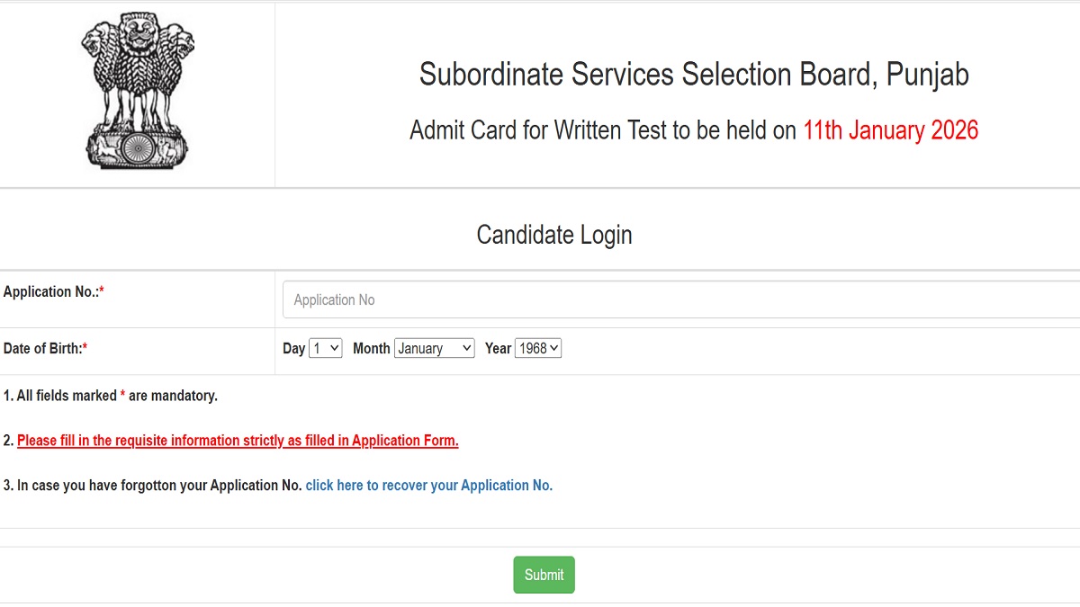 PSSSB Jail Warder Admit Card 2025 Out at sssb.punjab.gov.in, Download ...