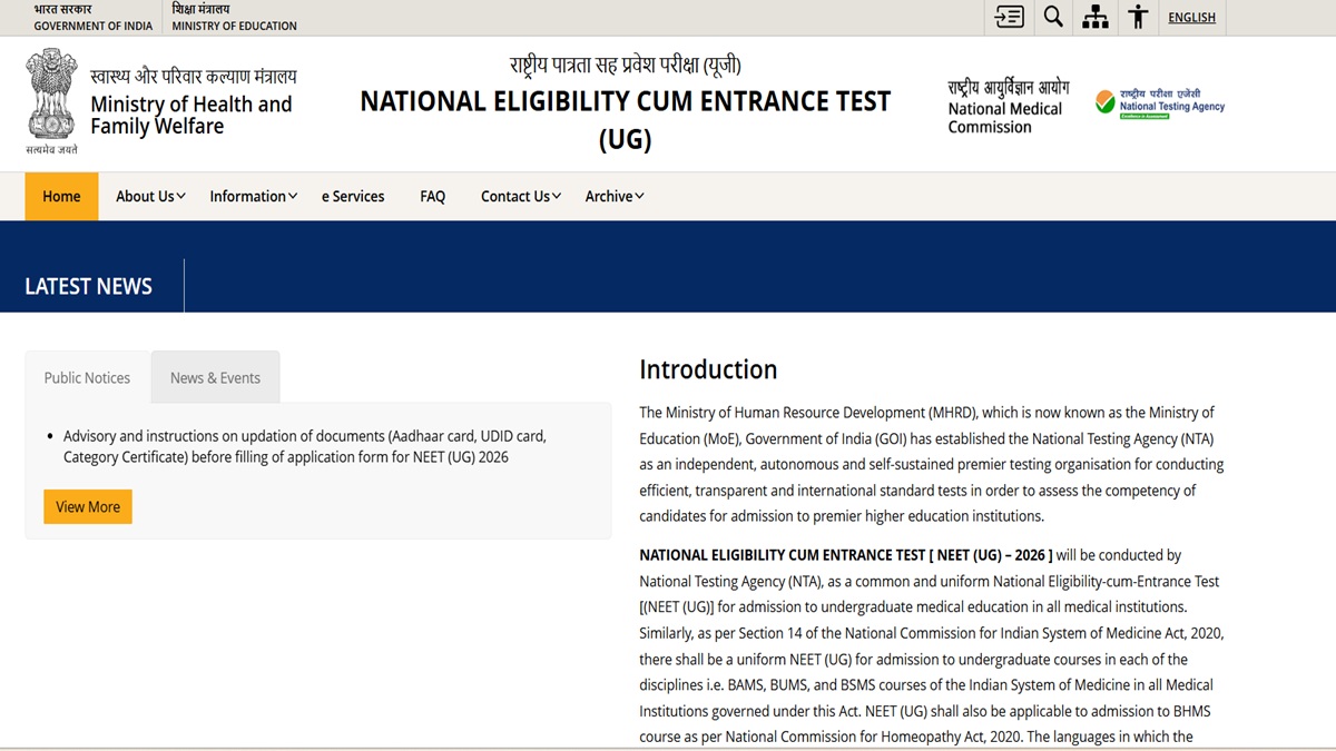 NEET UG 2026: NTA Issues Advisory on Updation of Aadhaar Card, UDID ...