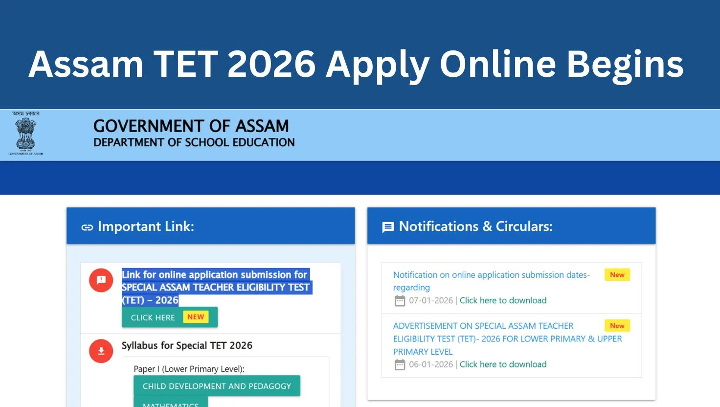 Assam Special TET 2026 Application Form Link Active at ssa.assam.gov.in