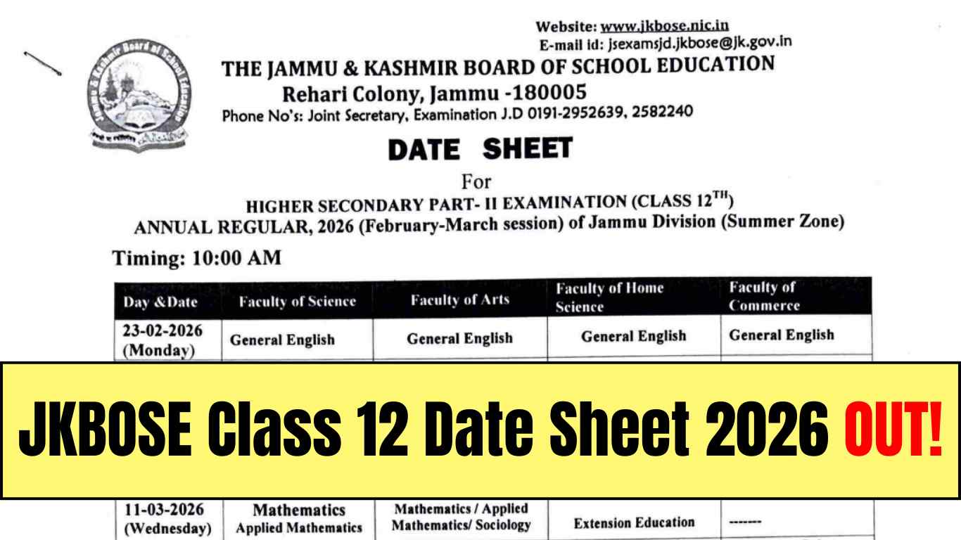 JKBOSE 12th Exam Schedule 2026: Download Jammu Summer Zone Date Sheet PDF