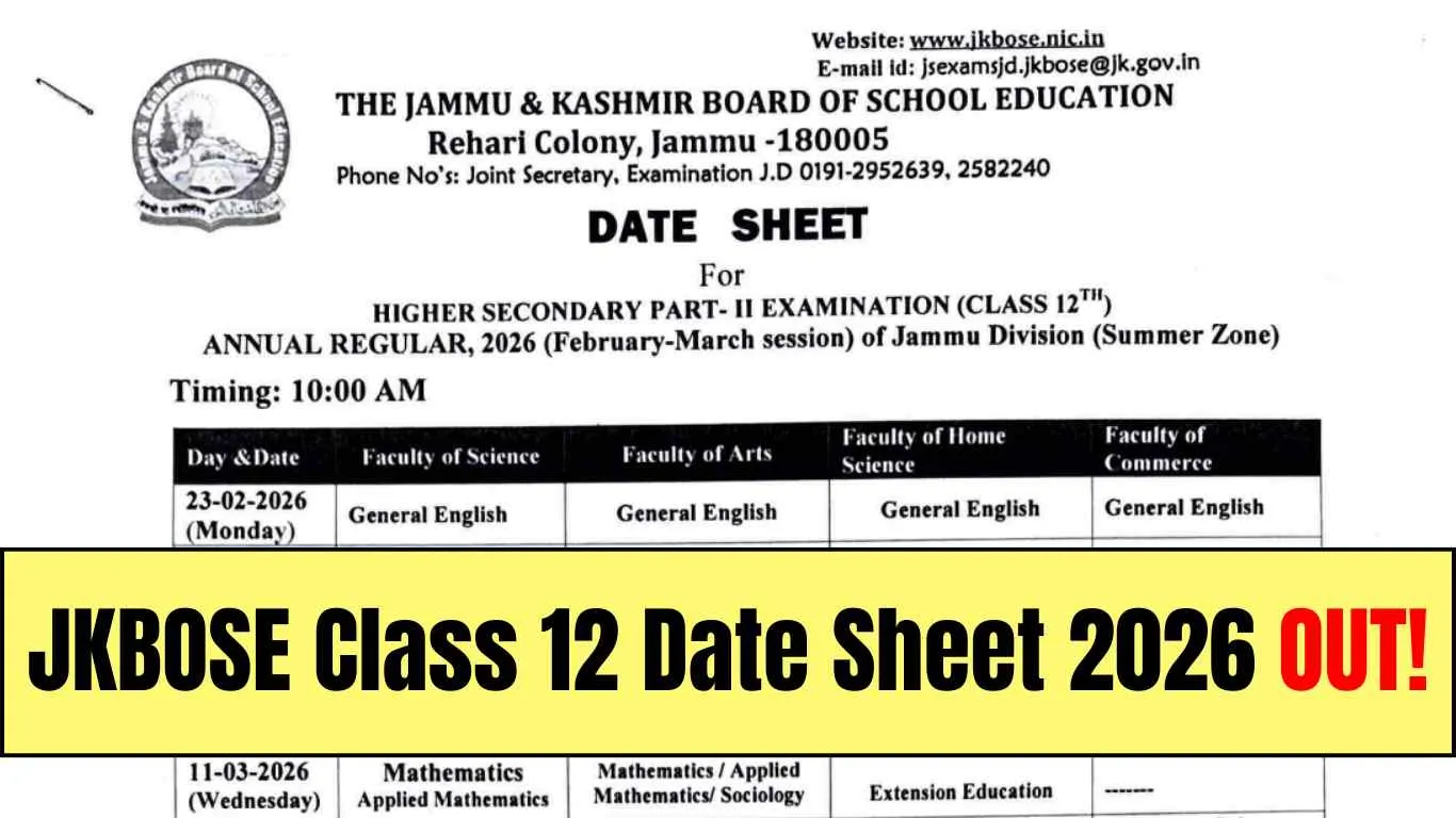 JKBOSE 12th Exam Schedule 2026: Download Jammu Summer Zone Date Sheet PDF