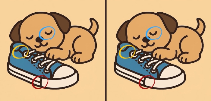 Spot 3 Differences in Puppy Sleeping on A Shoe- Can You Find Them in 51 ...