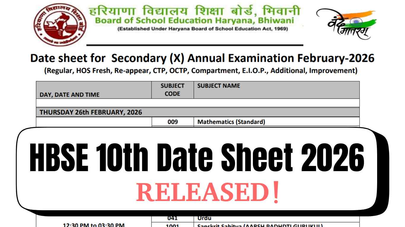HBSE 10th Date Sheet 2026: Download Official Haryana Board Class 10 ...