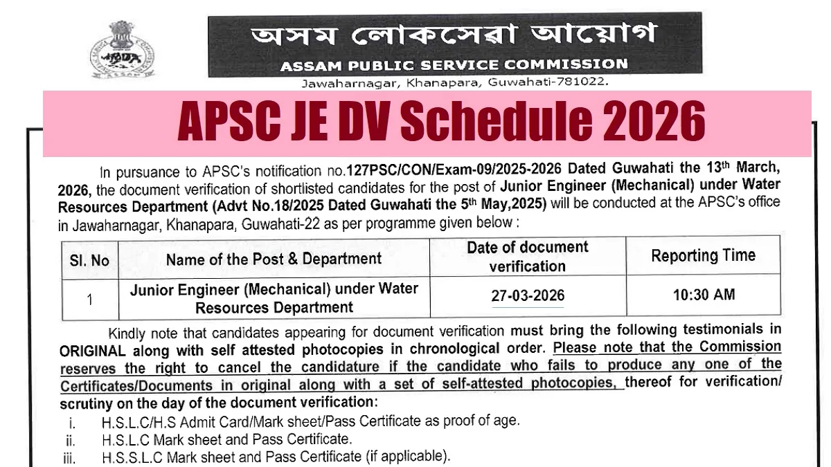 APSC JE DV Schedule 2026 Out at apsc.nic.in, Download Notice PDF Here ...