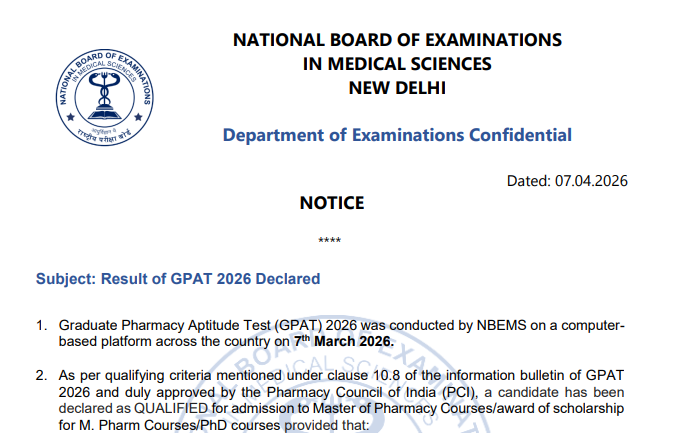 NBEMS GPAT Result 2026: Rank List OUT at natboard.edu.in; Download ...