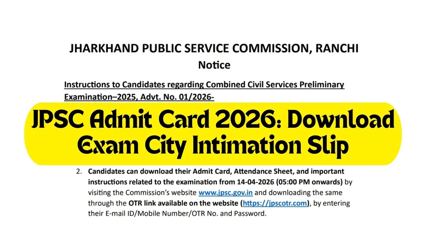 JPSC Admit Card 2026: Check Exam City Intimation Slip at jpsc.gov.in ...