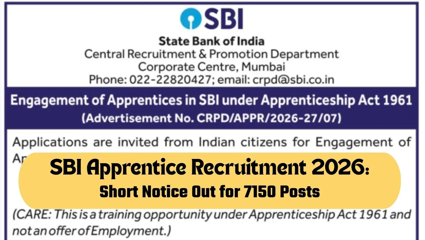 SBI Apprentice Recruitment 2026: Short Notice Out for 7150 Posts at sbi ...
