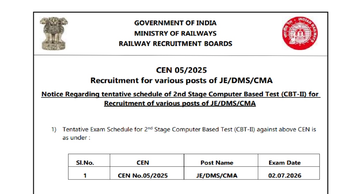RRB JE Exam Date 2026 Out: Download CEN 05/2025 Junior Engineer Admit ...