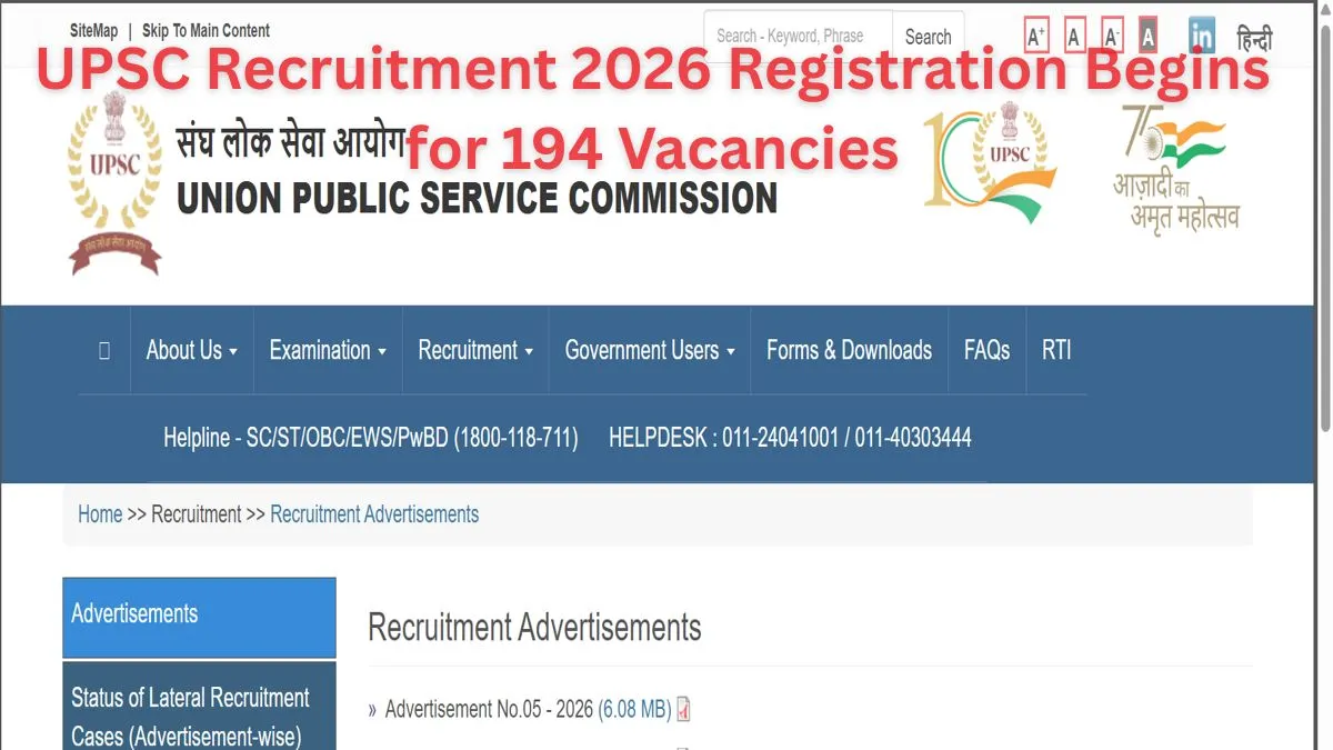 UPSC Recruitment 2026: Registration Begins for 194 Vacancies at upsc ...