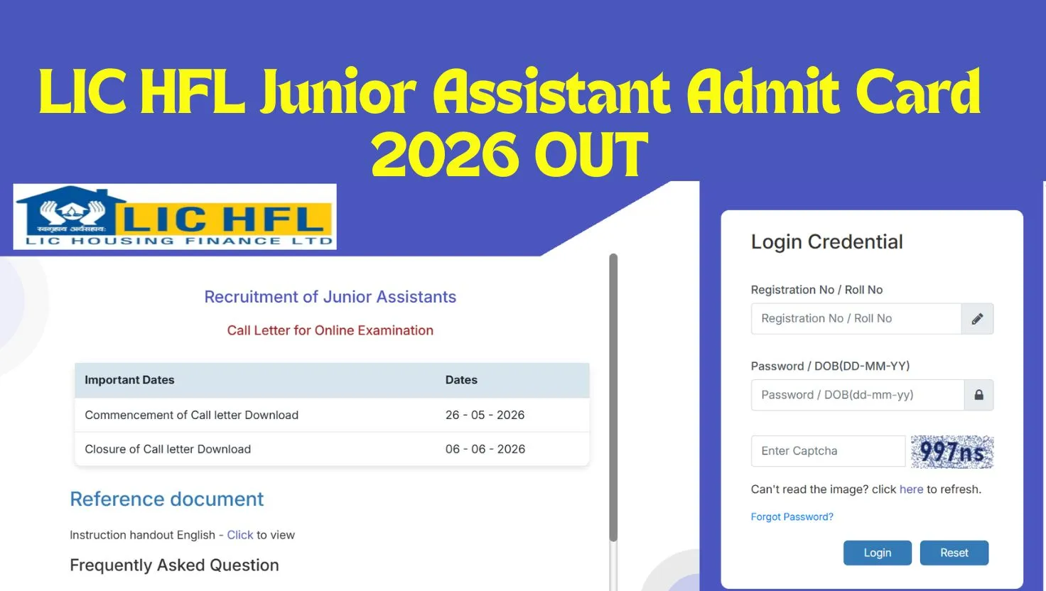 LIC HFL Junior Assistant Admit Card 2026 Out: Download Hall Ticket Pdf